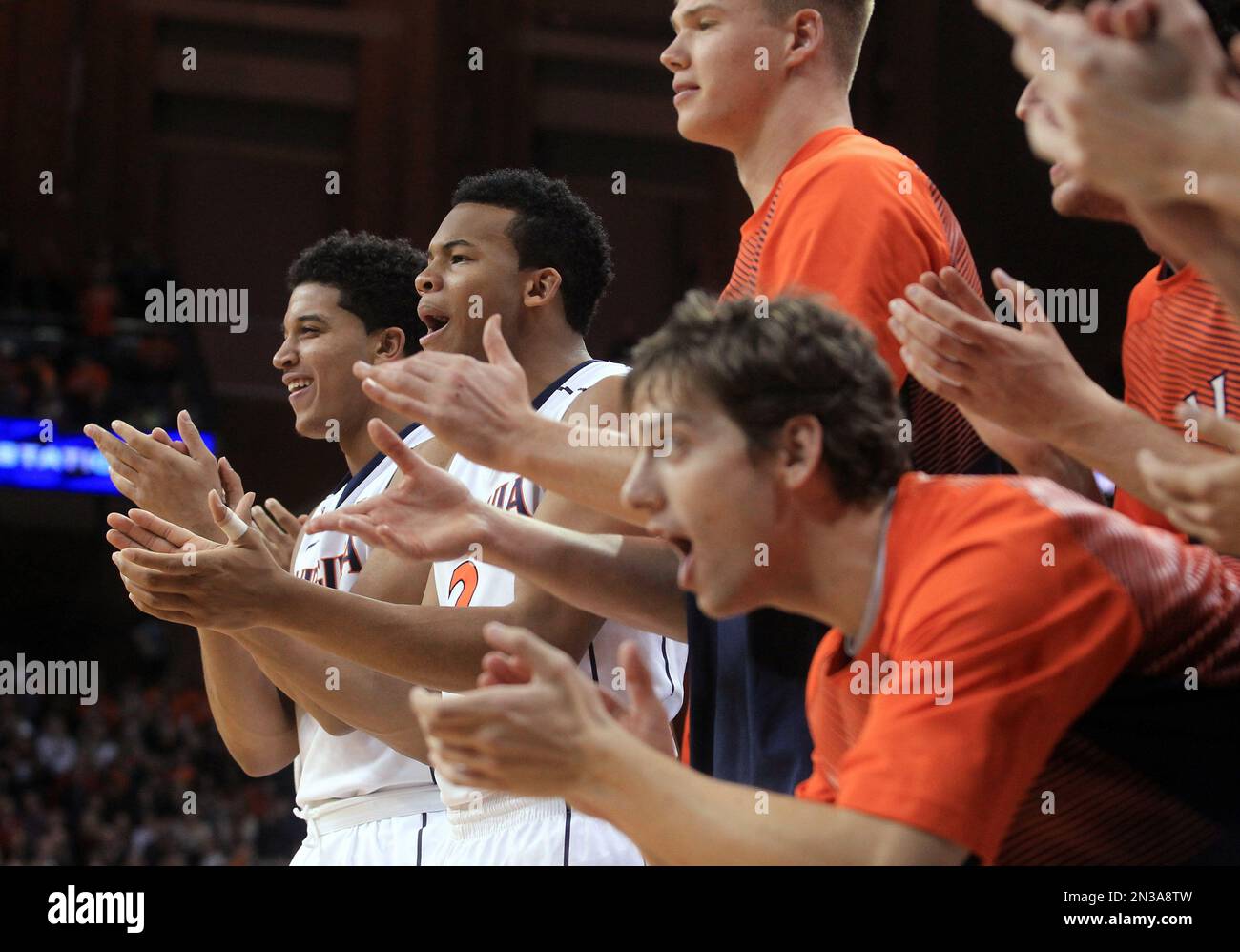 Virginia players celebrate a play in the second half of a 83-72 win ...