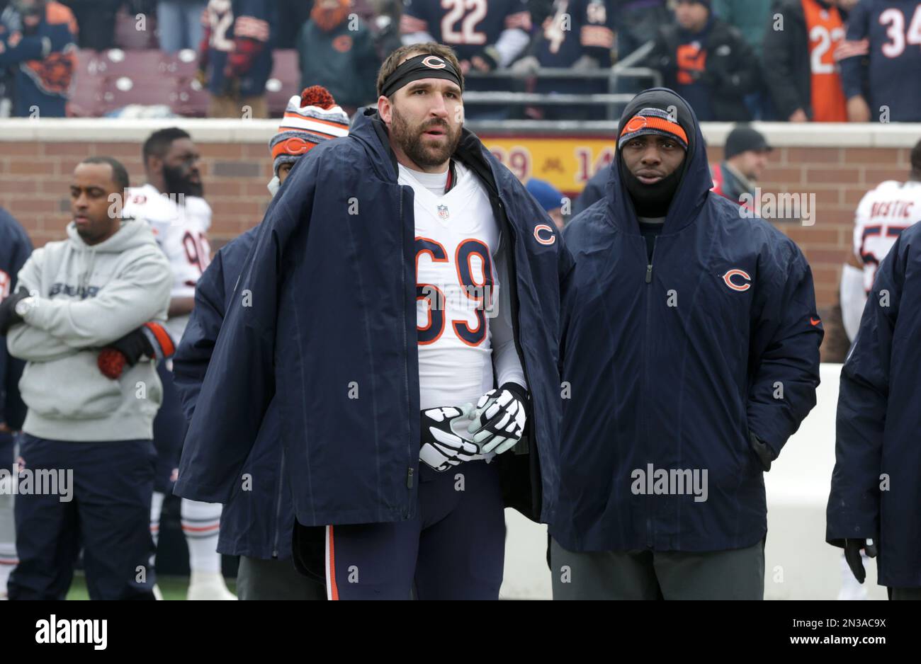 Chicago Bears defensive end Jared Allen (69) stands on the sidelines ...