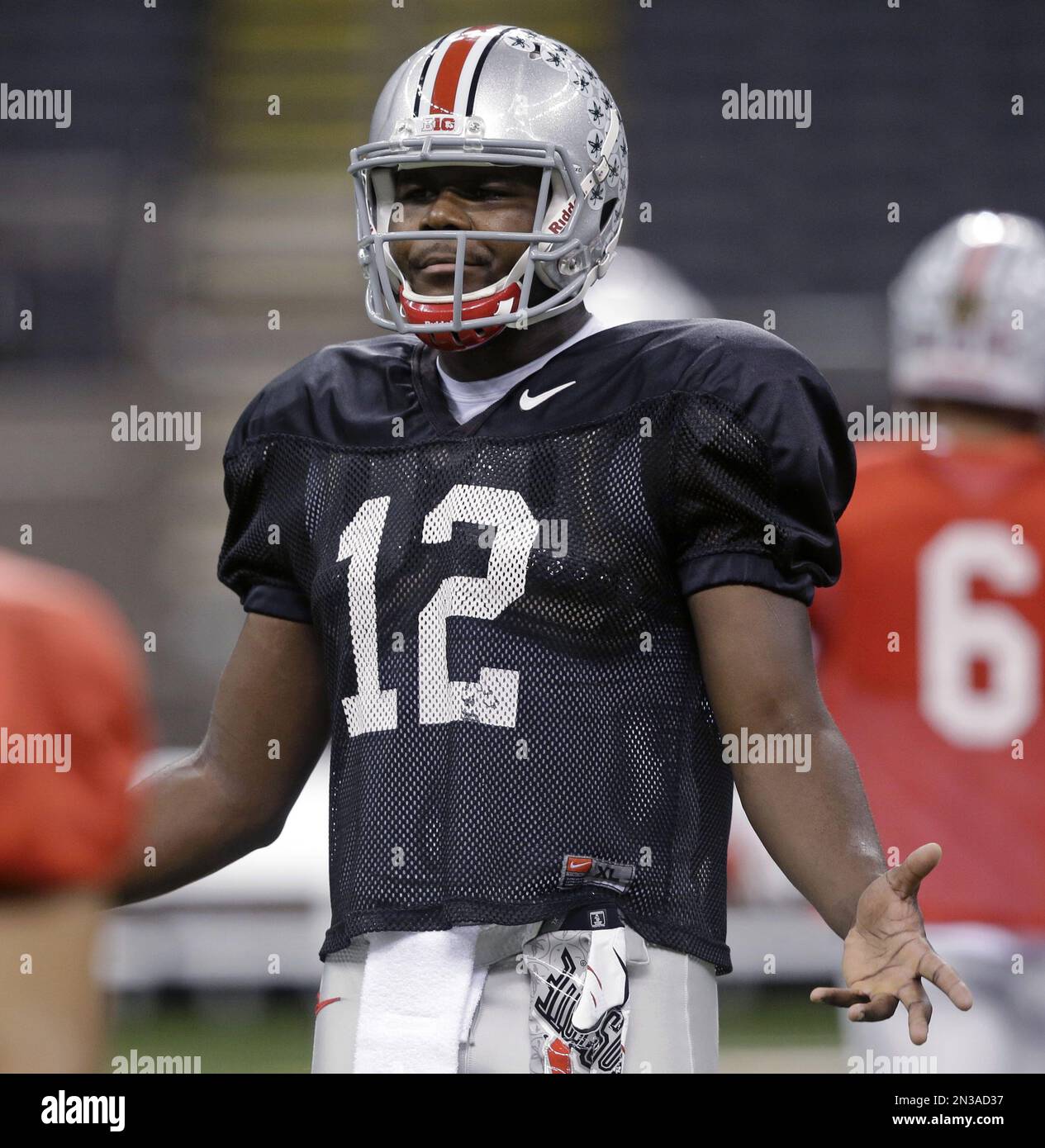 Ohio State quarterback Cardale Jones (12) reacts during practice at the ...