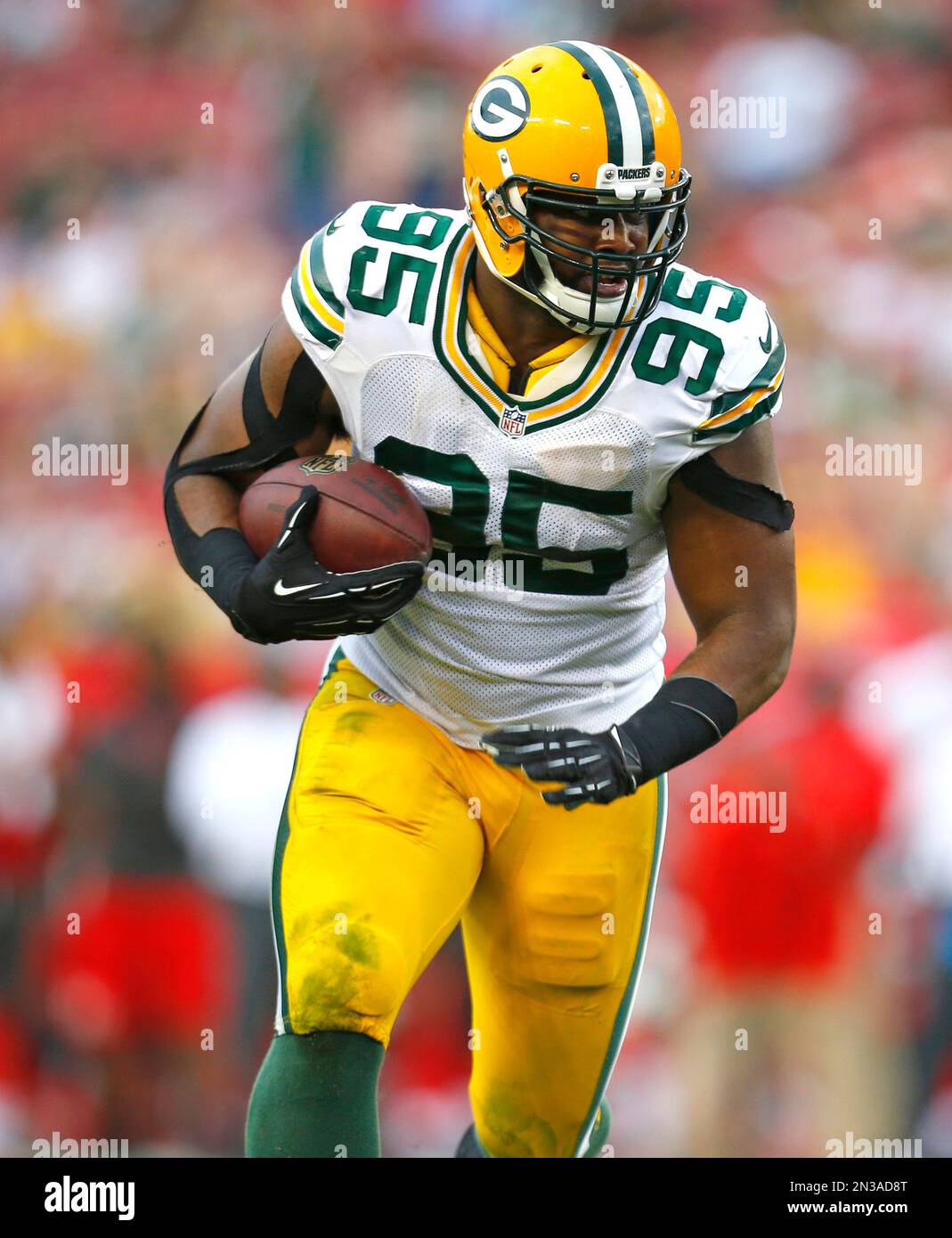 Green Bay Packers defensive end Datone Jones (95) returns an interception against the Tampa Bay ...