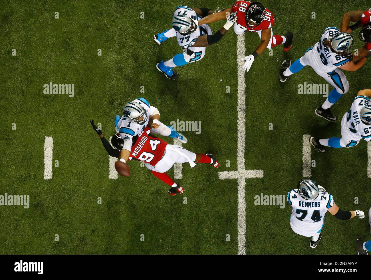 Atlanta Falcons outside linebacker Jonathan Massaquoi (94) hits ...