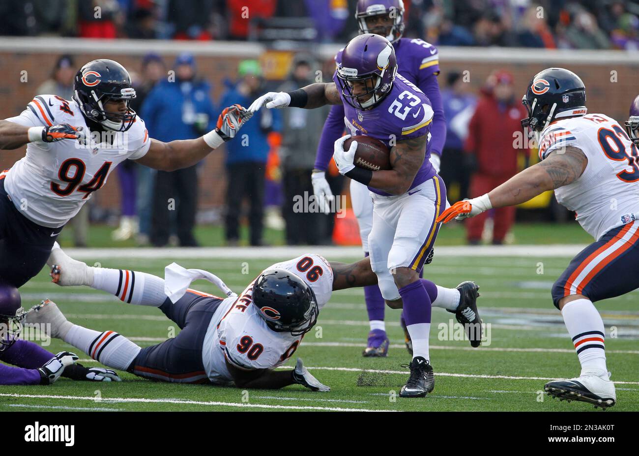 Minnesota Vikings running back Joe Banyard (23) runs from Chicago Bears ...