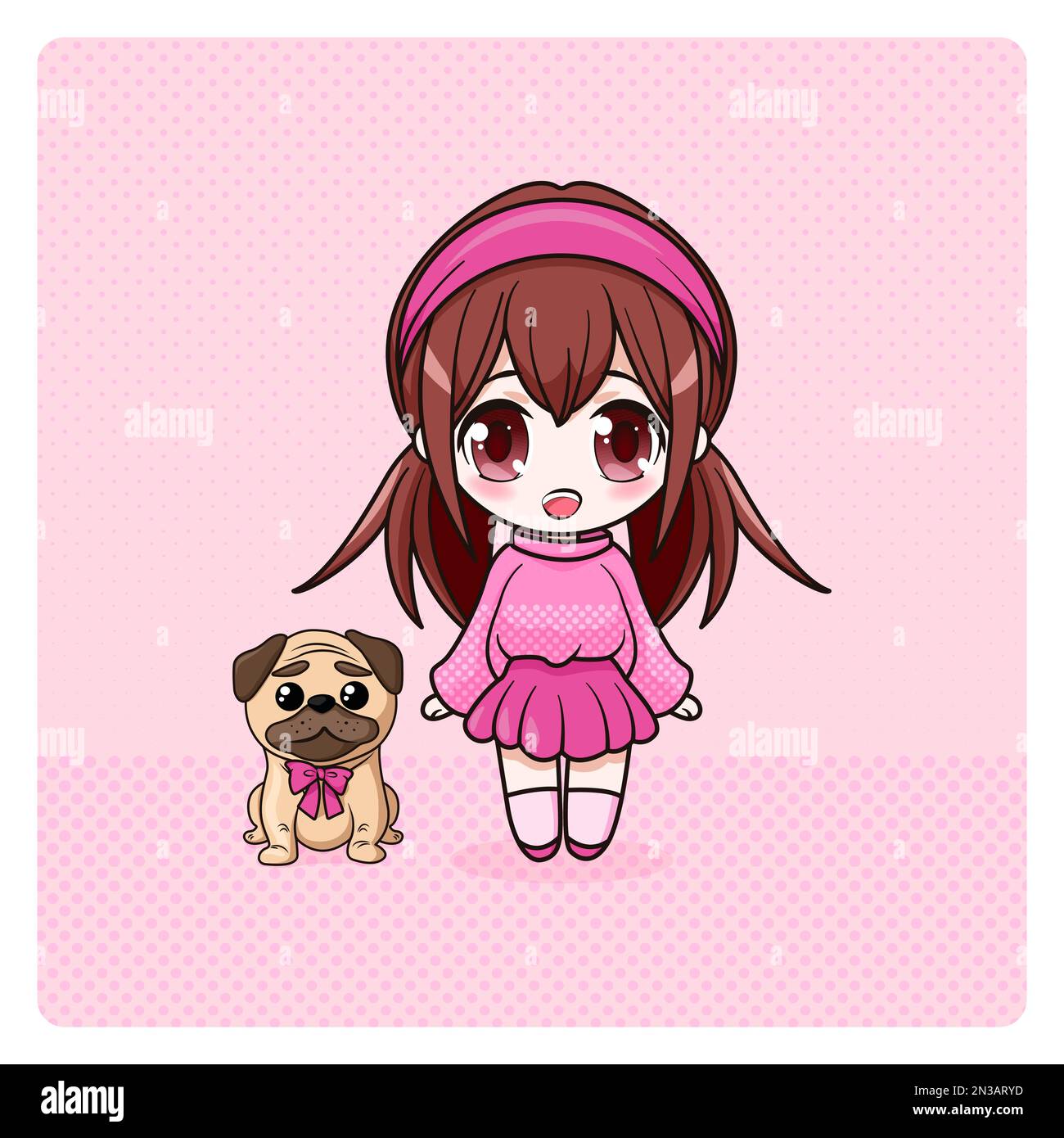 Cute and kawaii girl with pug. Manga chibi girl Stock Vector Image ...