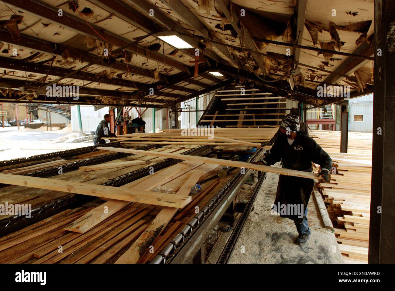 In this photo taken on Nov. 20, 2014, workers pull rough lumber off the ...