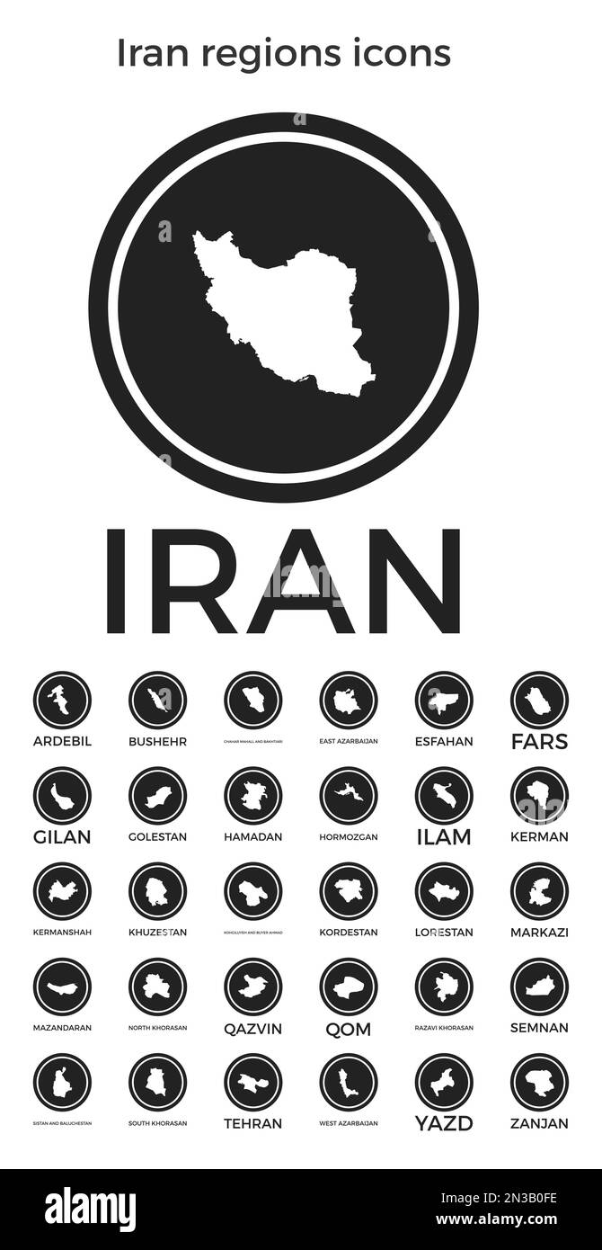 Iran regions icons. Black round logos with country regions maps and ...