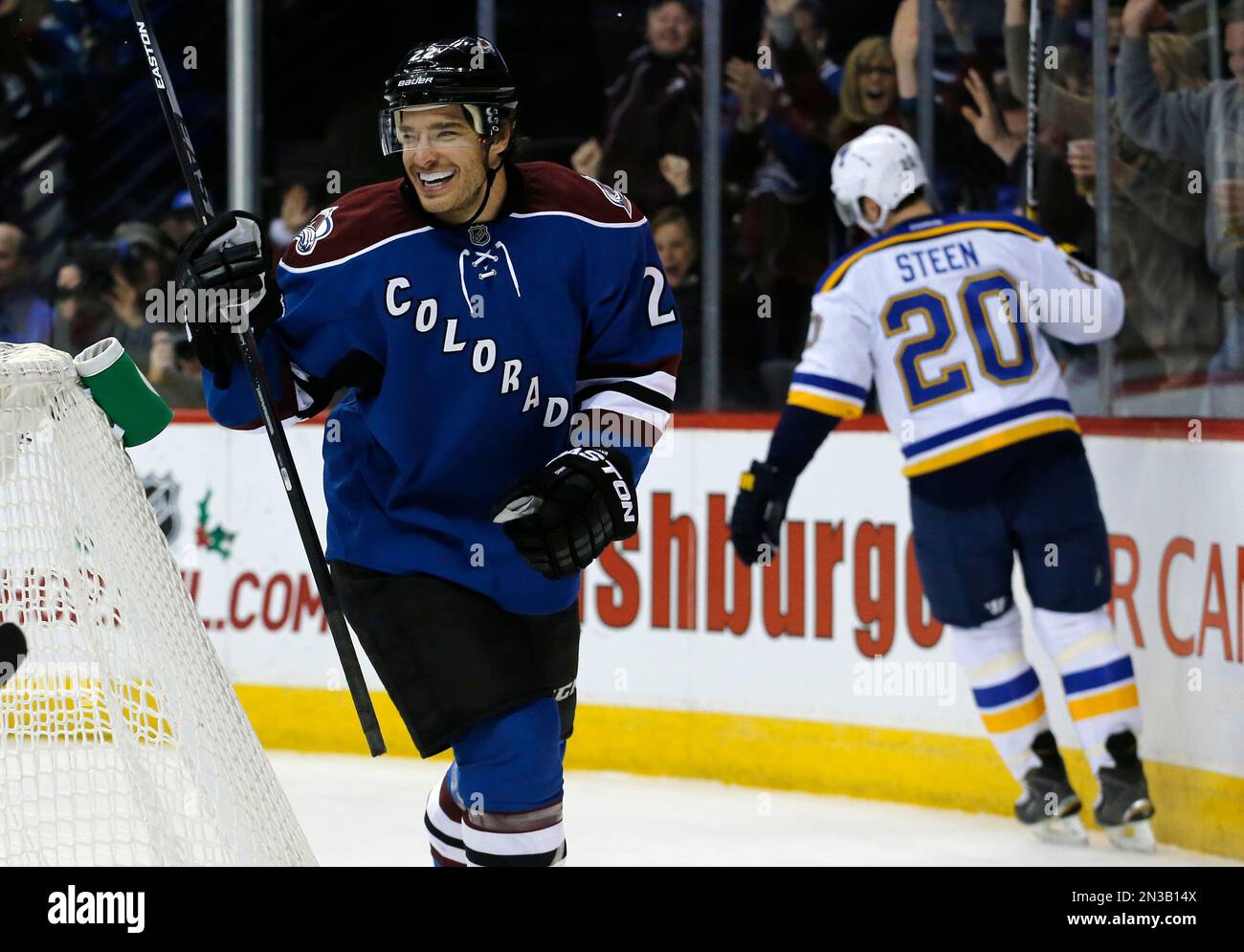 Colorado Avalanche defenseman Zach Redmond celebrates a goal against ...
