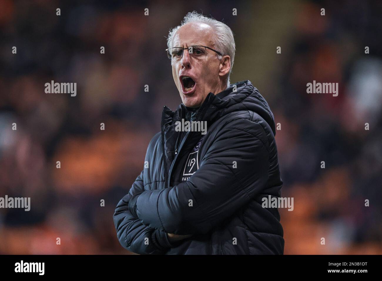 Mick McCarthy manager of Blackpool gives his team instructions during ...