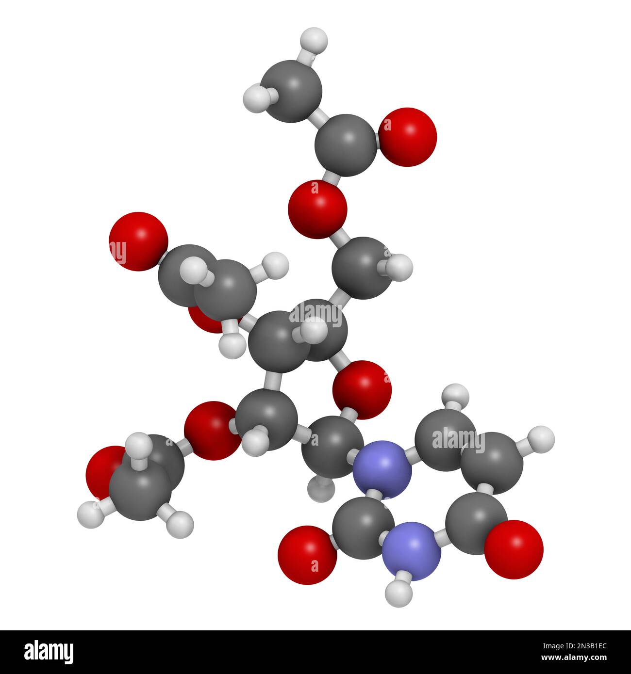 Triacetyluridine molecule. Prodrug of uridine. 3D rendering. Atoms are ...