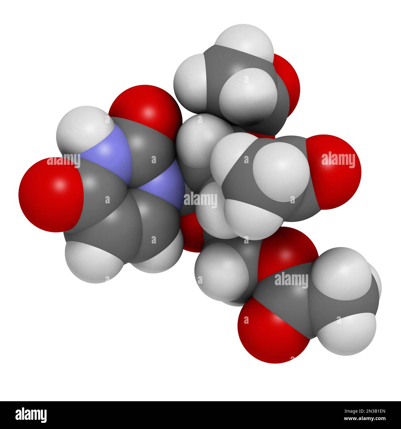 Triacetyluridine molecule. Prodrug of uridine. 3D rendering. Atoms are ...