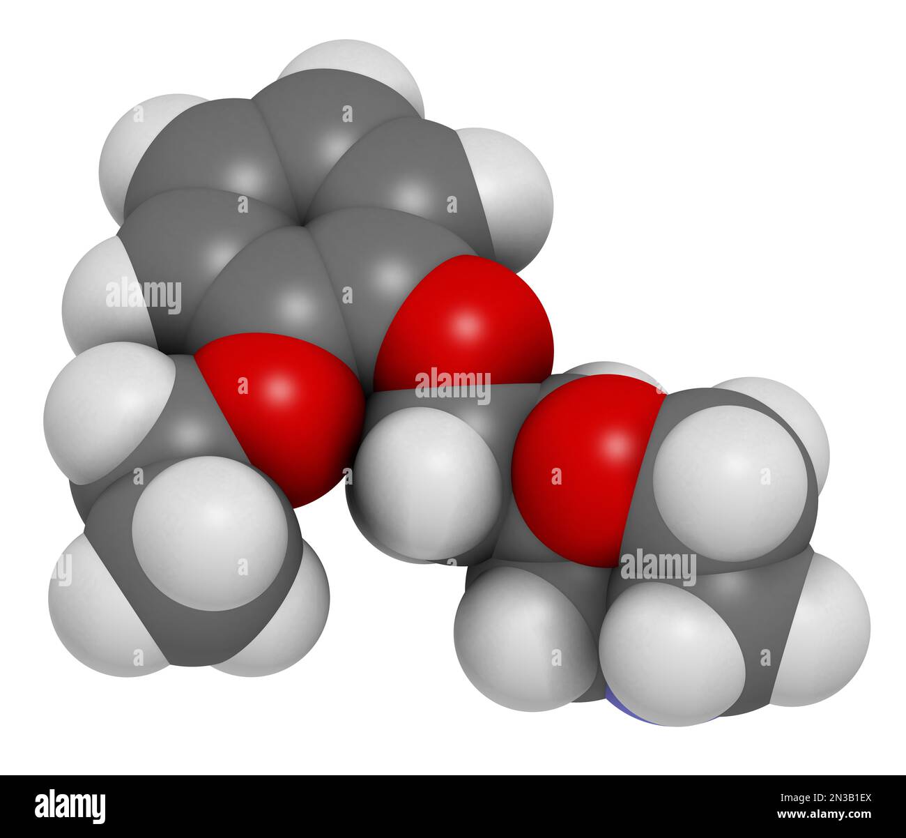 Viloxazine drug molecule. 3D rendering. Atoms are represented as ...
