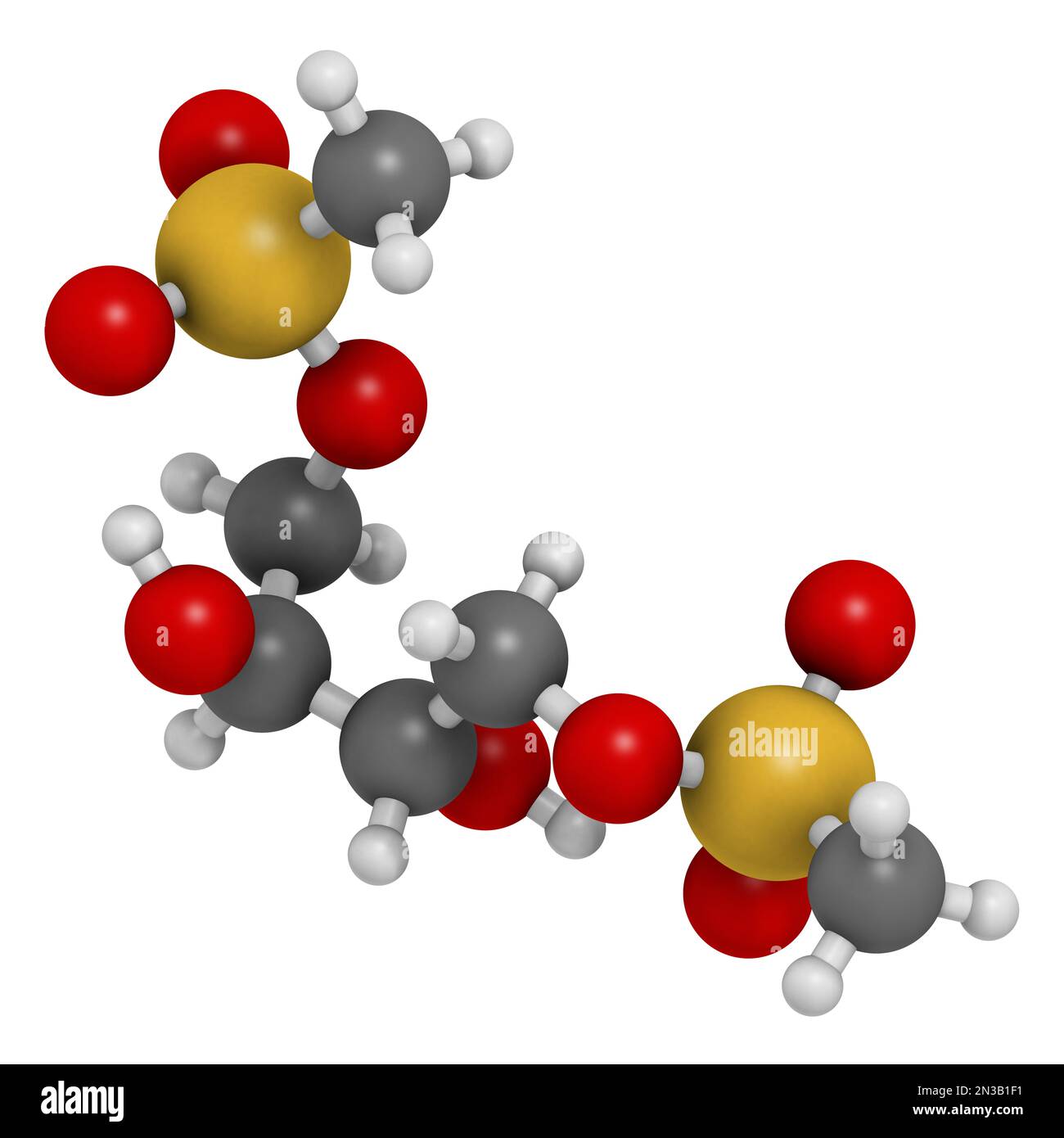 Treosulfan drug molecule. 3D rendering. Atoms are represented as ...