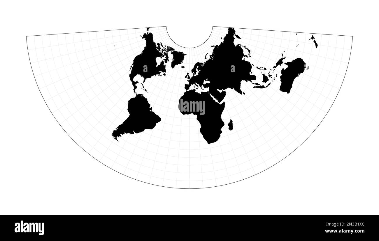 World map with longitude lines. Conic equidistant projection. Plan ...