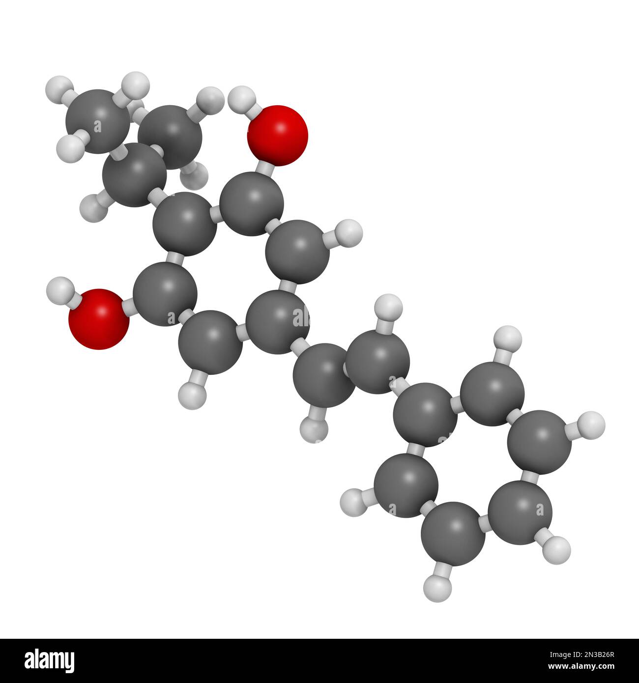 Tapinarof psoriasis drug molecule. 3D rendering. Atoms are represented as spheres with ...