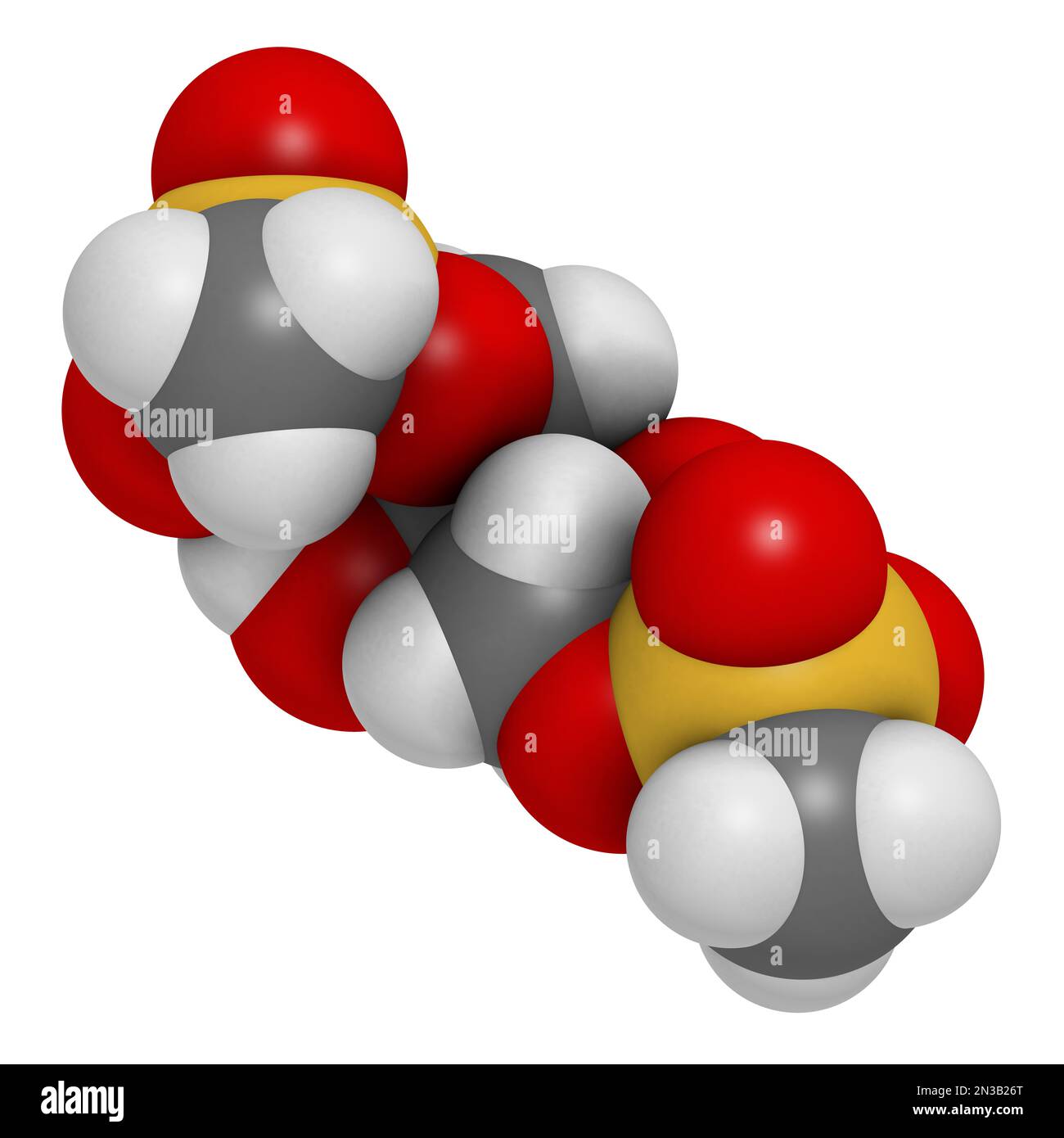 Treosulfan drug molecule. 3D rendering. Atoms are represented as ...