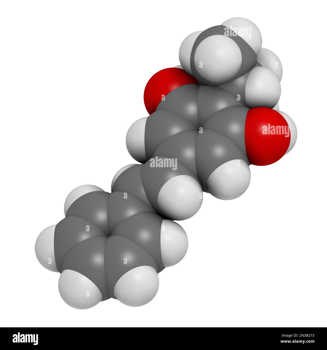 Tapinarof psoriasis drug molecule. 3D rendering. Atoms are represented as spheres with ...