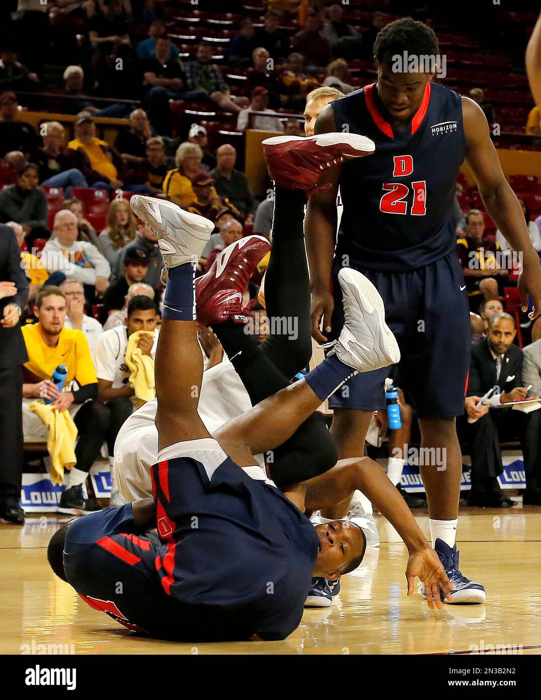 Arizona State forward Willie Atwood (2), right bottom, and Detroit guard Jarod Williams (11 ...