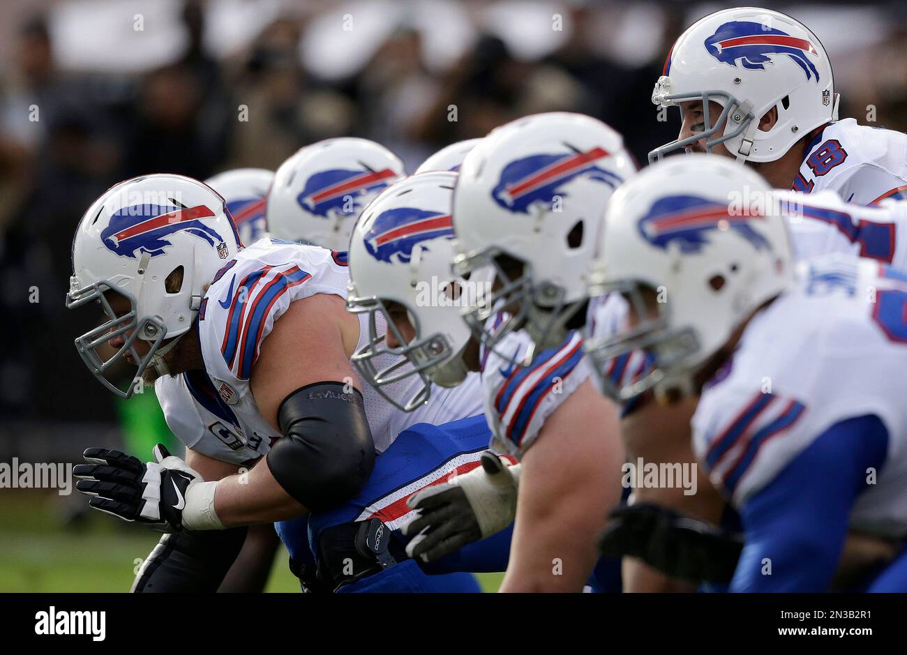 Buffalo Bills center Eric Wood, left, and offensive linemen line up at ...