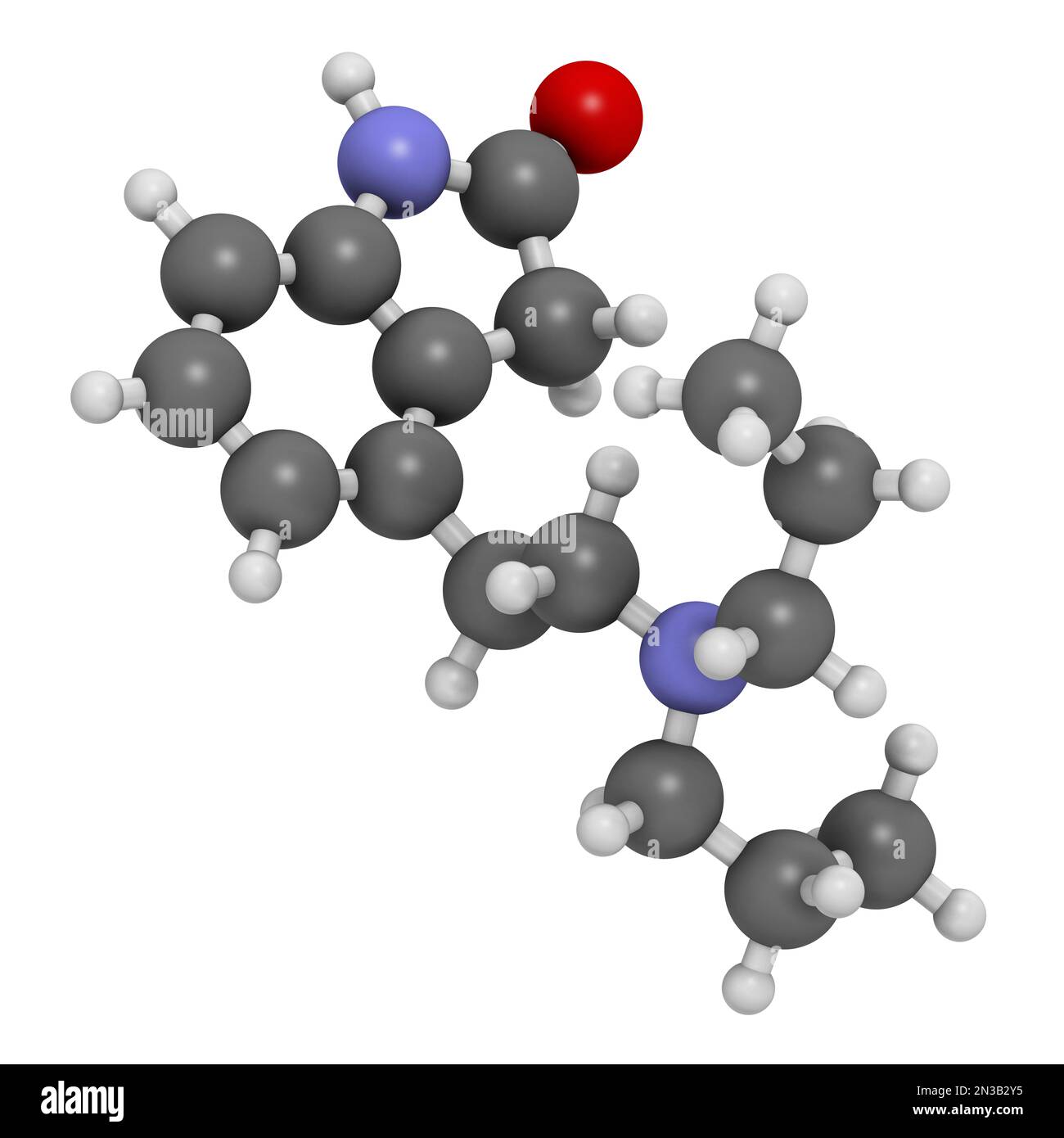 Ropinirole drug molecule. 3D rendering. Atoms are represented as ...