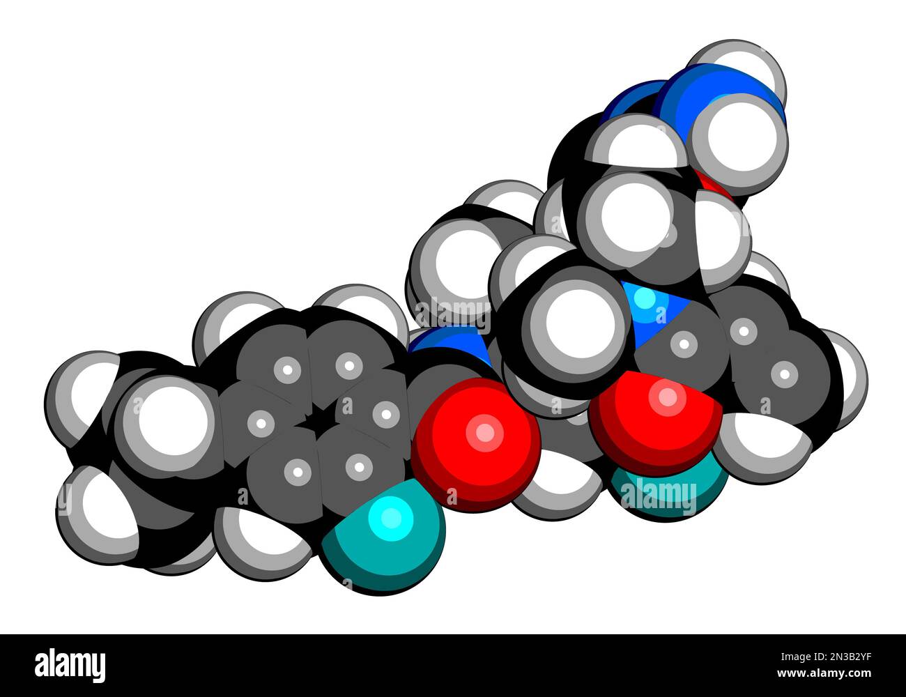 Remibrutinib drug molecule. 3D rendering. Atoms are represented as ...