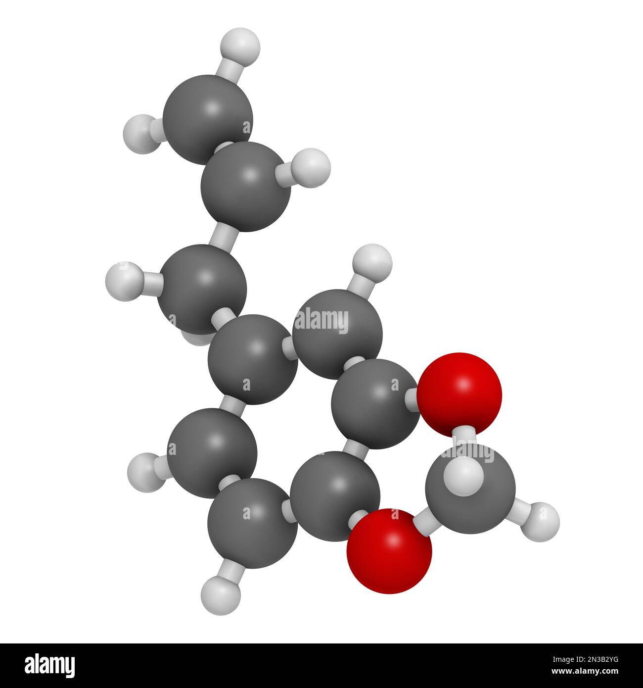 Safrole MDMA precursor molecule. 3D rendering. Atoms are represented as ...
