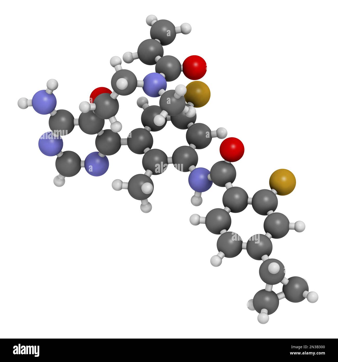 Remibrutinib drug molecule. 3D rendering. Atoms are represented as ...