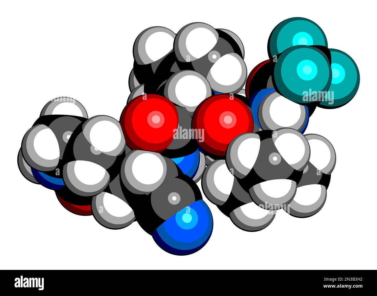 Nirmatrelvir (PF-07321332) antiviral drug molecule. 3D rendering. Atoms ...