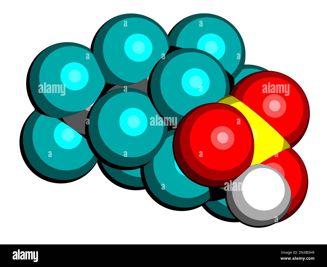 Perfluorohexanesulfonic acid (PFHxS) molecule. 3D rendering. Atoms are ...