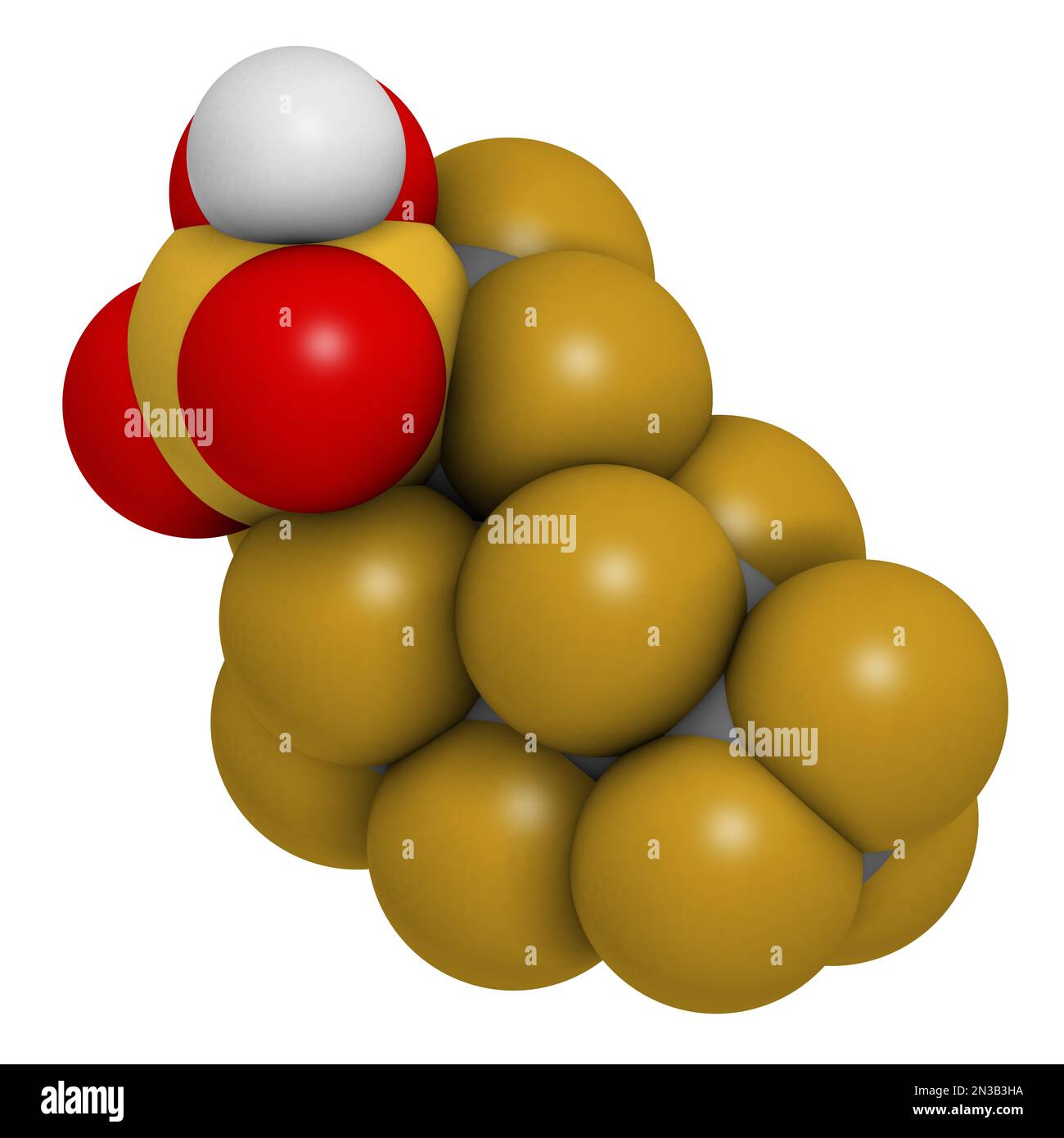 Perfluorohexanesulfonic acid (PFHxS) molecule. 3D rendering. Atoms are ...