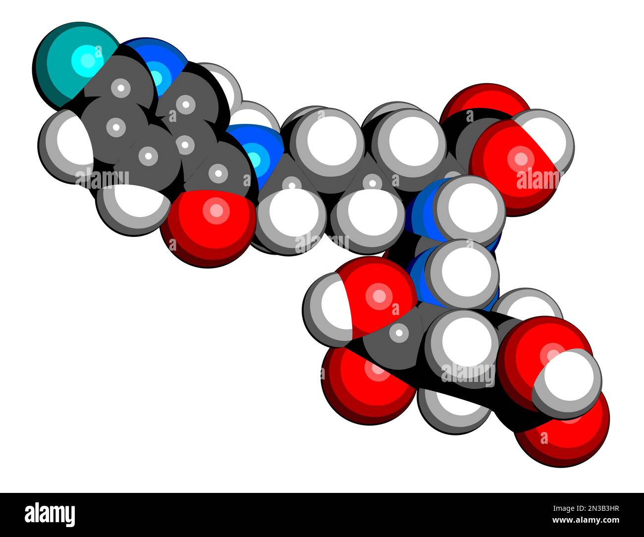 Piflufolastat F-18 radioactive diagnostic molecule. 3D rendering. Atoms ...