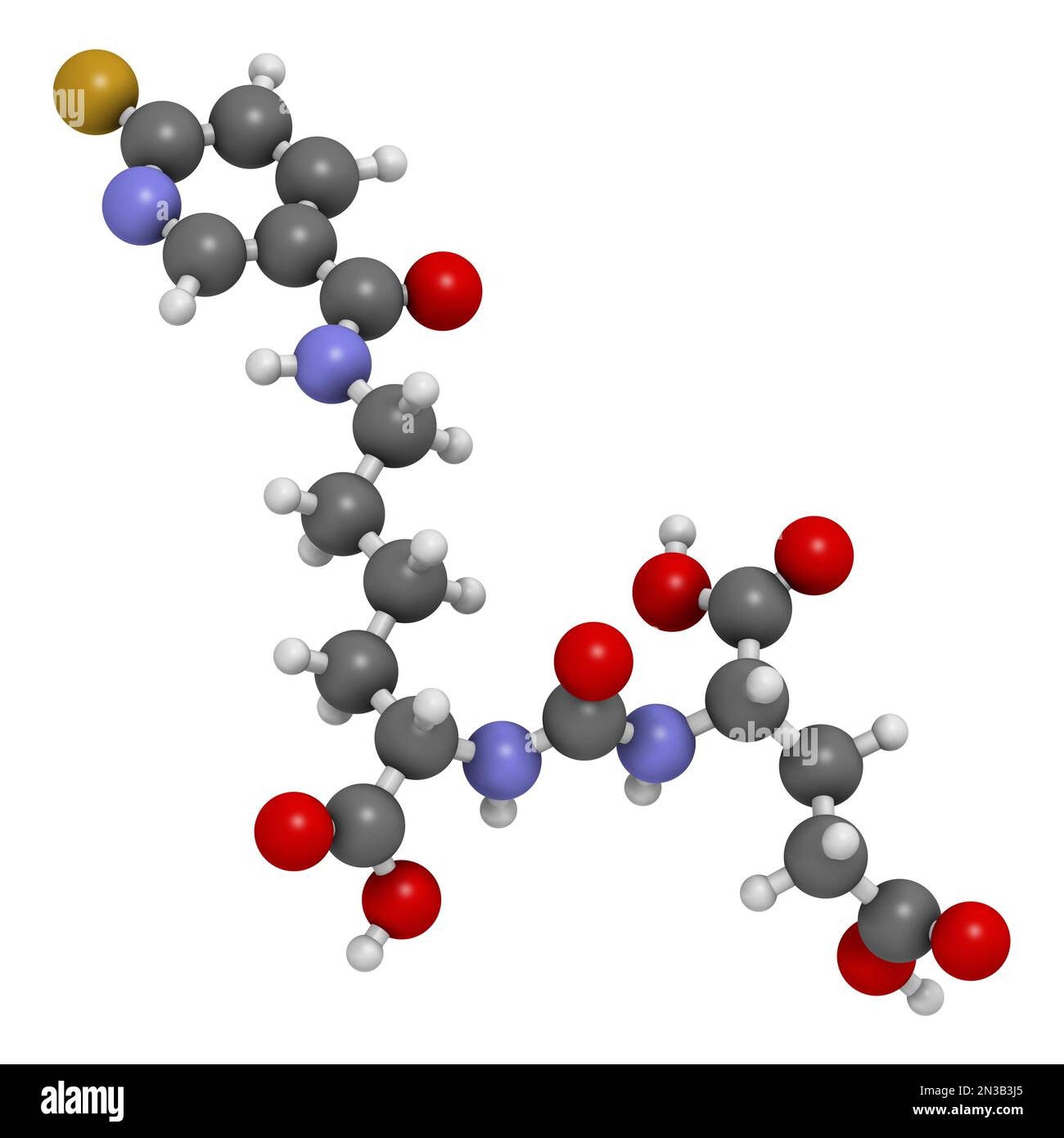Piflufolastat F-18 radioactive diagnostic molecule. 3D rendering. Atoms ...