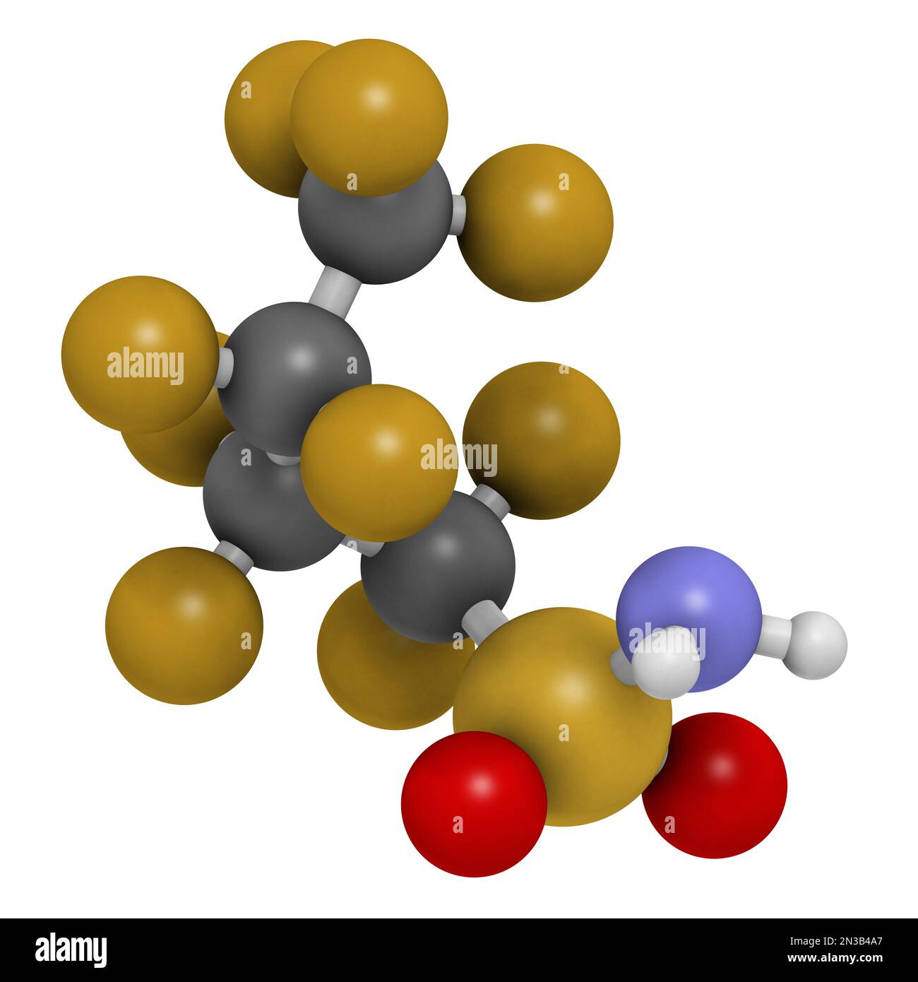 Perfluorobutane sulfonamide molecule. 3D rendering. Atoms are ...