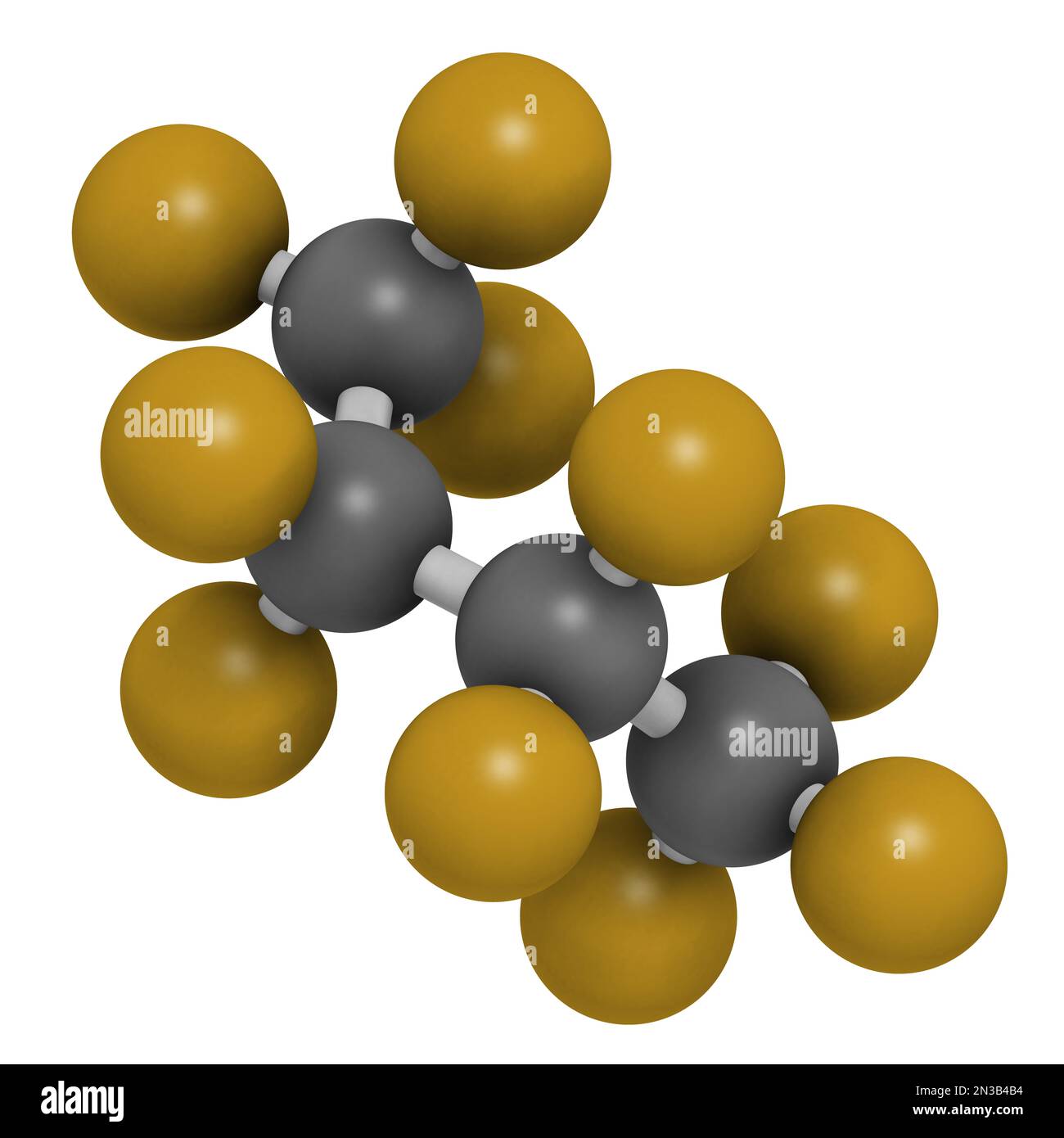 Perfluorobutane molecule. 3D rendering. Atoms are represented as ...