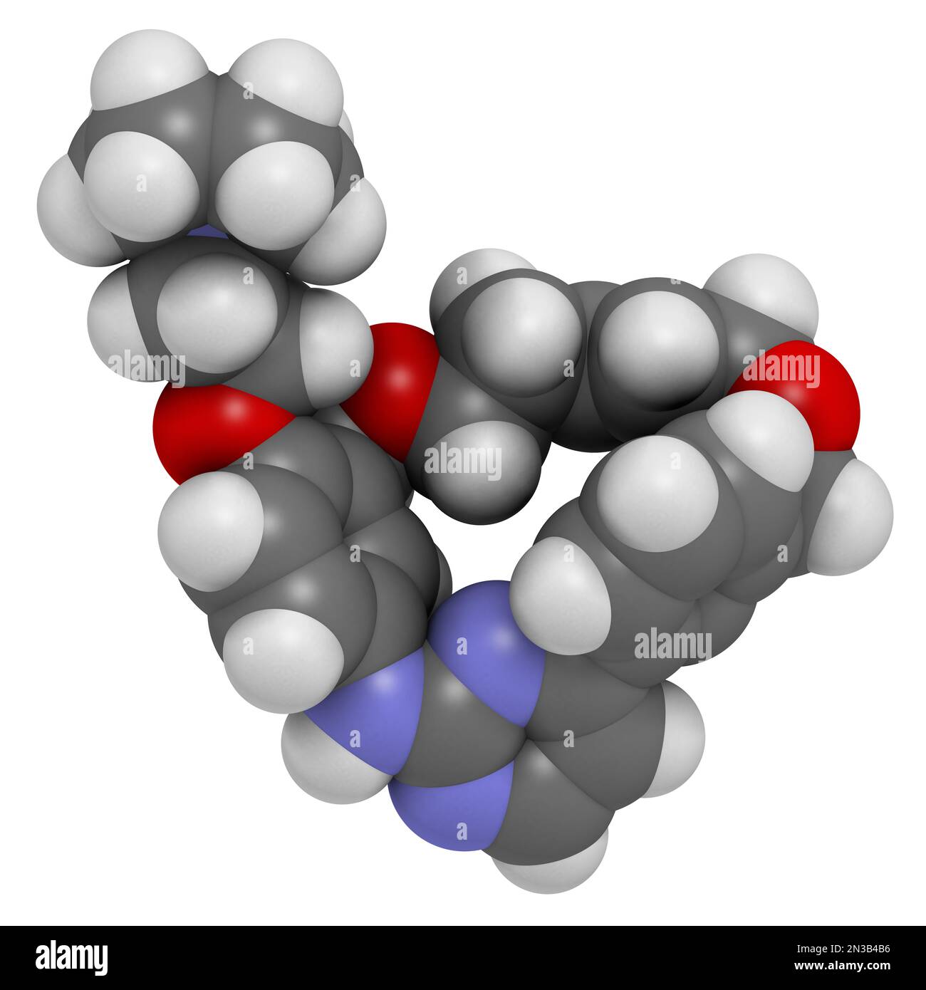 Pacritinib cancer drug molecule. 3D rendering. Atoms are represented as ...