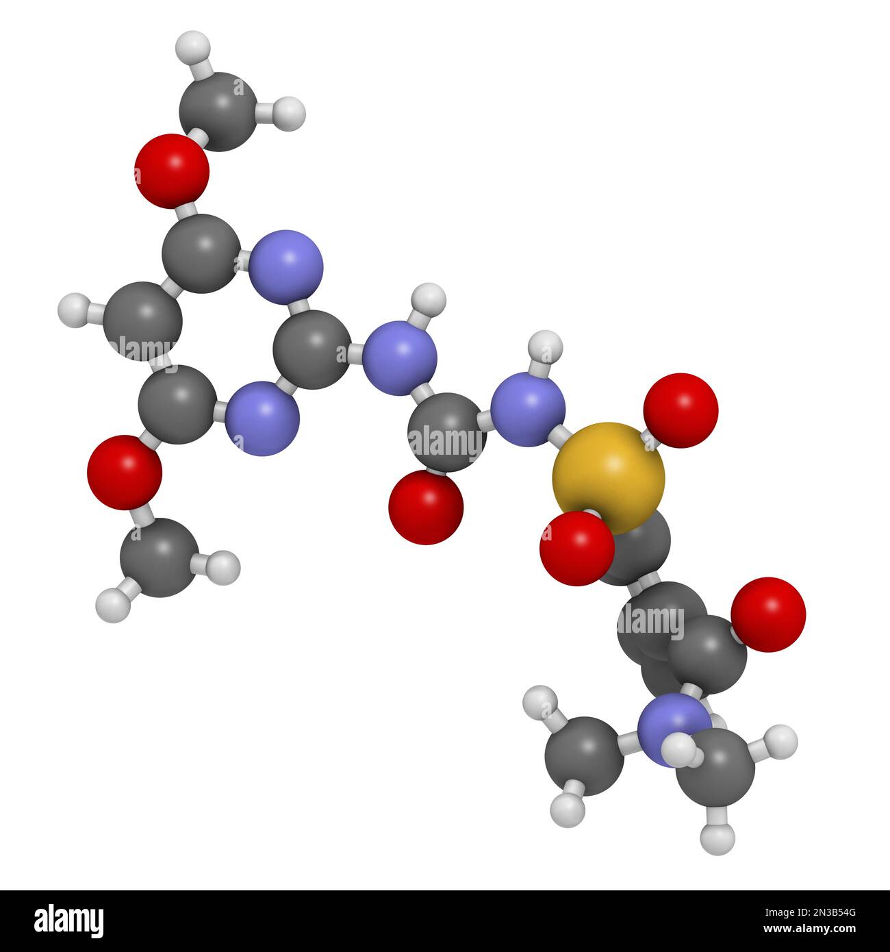Nicosulfuron systemic herbicide molecule. 3D rendering. Atoms are ...