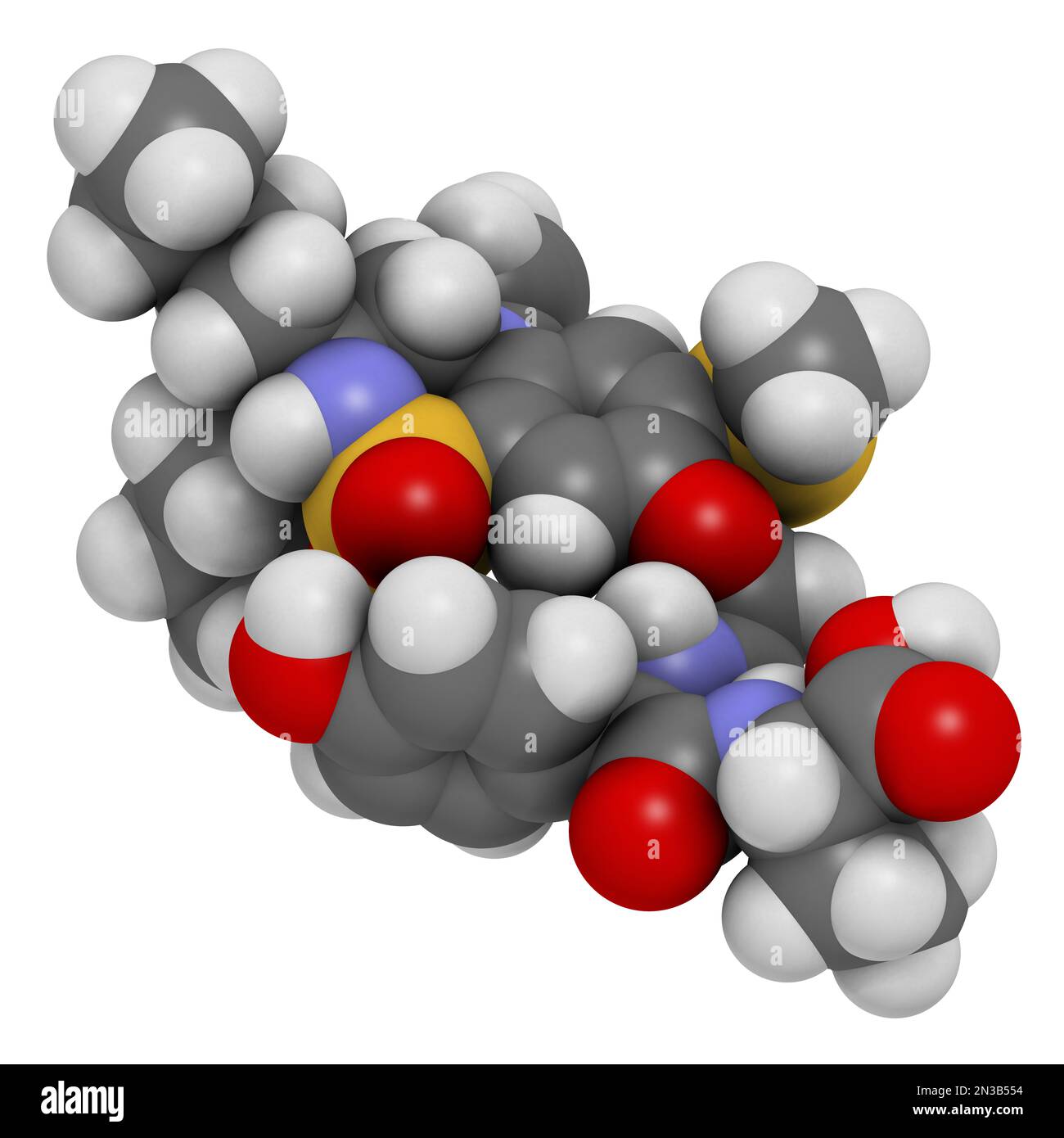Odevixibat drug molecule. 3D rendering. Atoms are represented as ...
