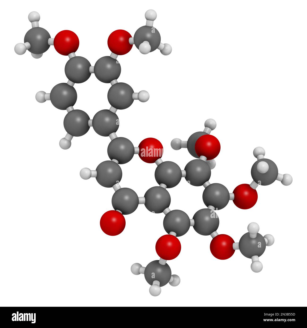 Nobiletin flavonoid molecule. 3D rendering. Atoms are represented as ...