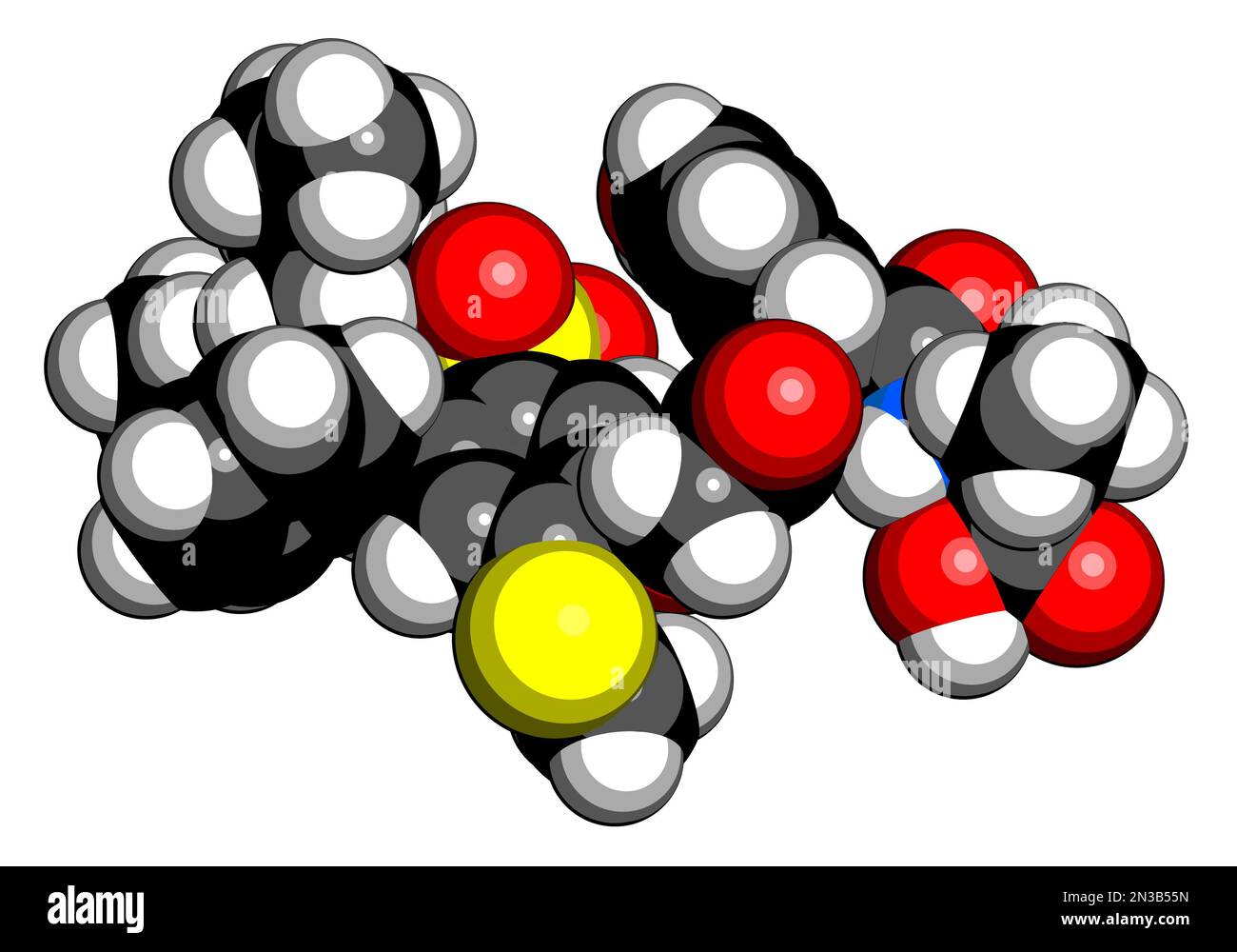 Odevixibat drug molecule. 3D rendering. Atoms are represented as ...