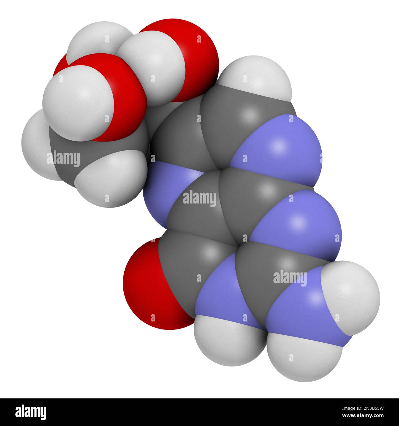 Neopterin biomarker molecule. 3D rendering. Atoms are represented as ...