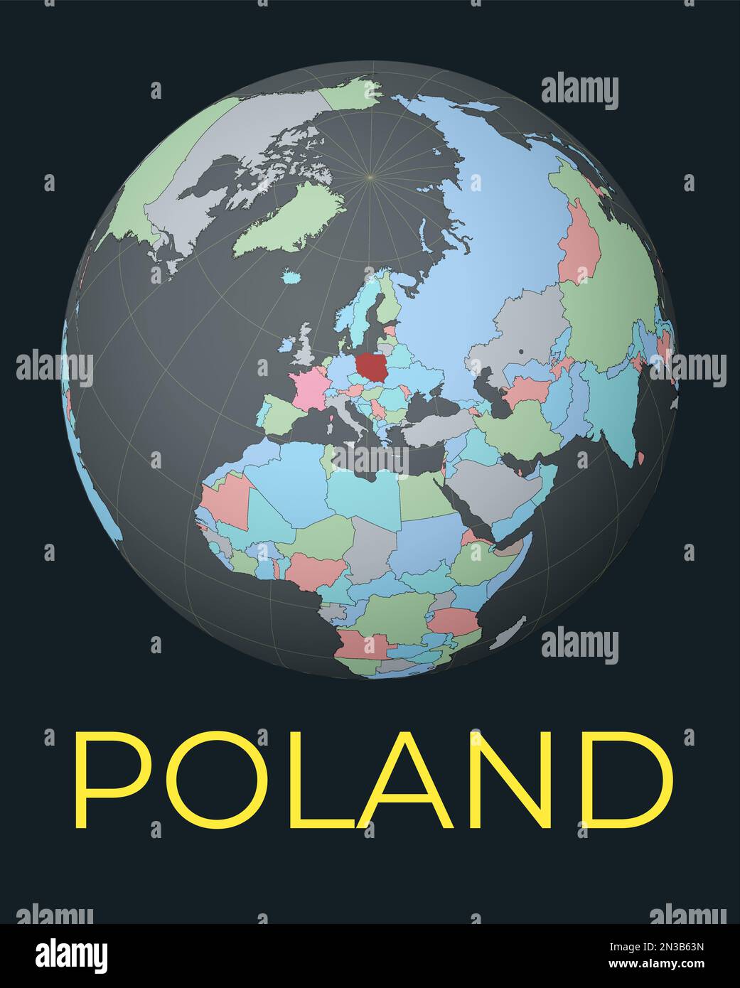 World map centered to Poland. Red country highlighted. Satellite world ...