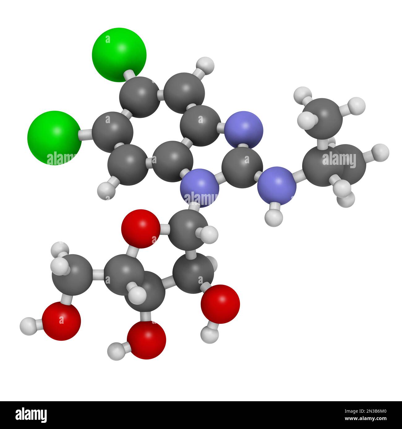 Maribavir antiviral drug molecule. 3D rendering. Atoms are represented ...