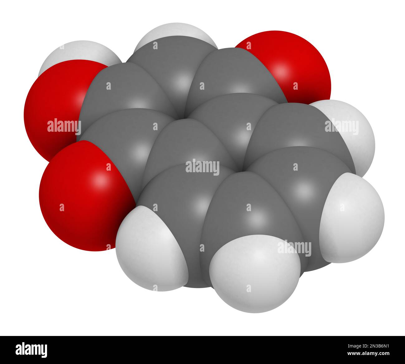 Lawsone (hennotannic acid) henna dye molecule. 3D rendering. Atoms are ...