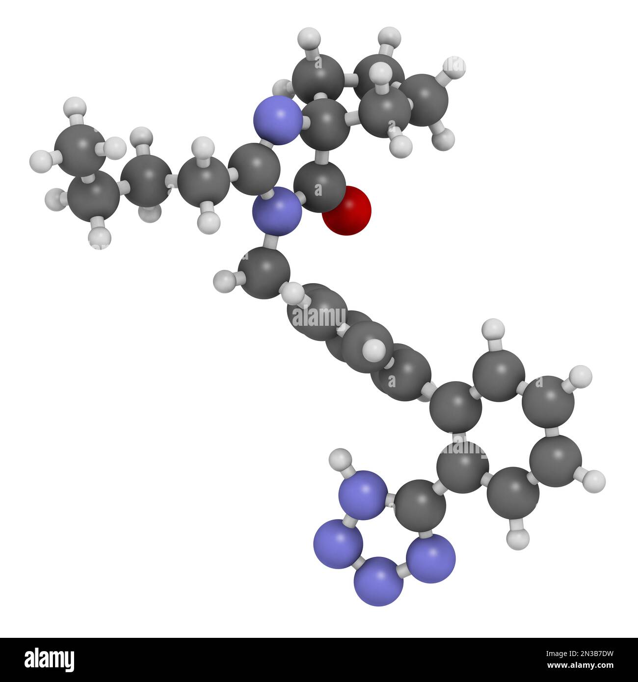 Irbesartan drug molecule. 3D rendering. Atoms are represented as ...