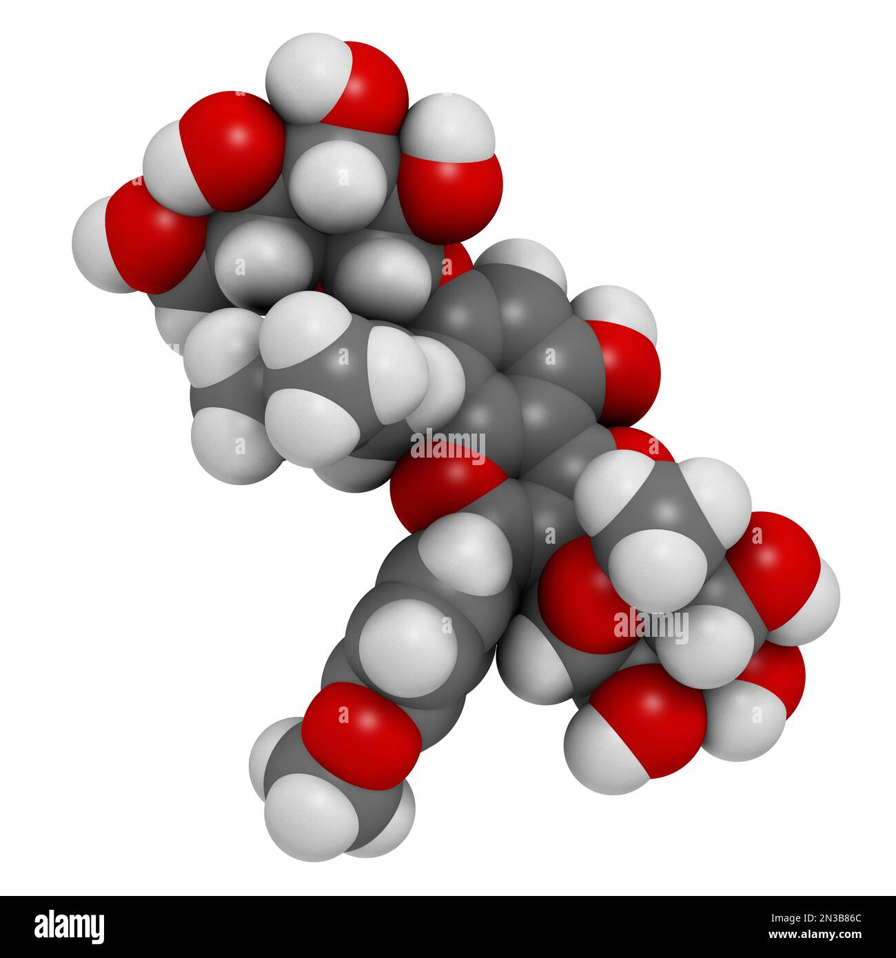 Icariin herbal flavonoid molecule. 3D rendering. Atoms are represented ...
