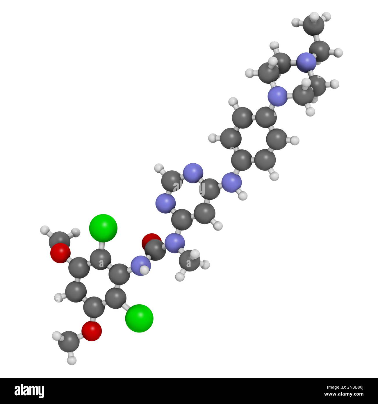 Infigratinib drug molecule. 3D rendering. Atoms are represented as ...