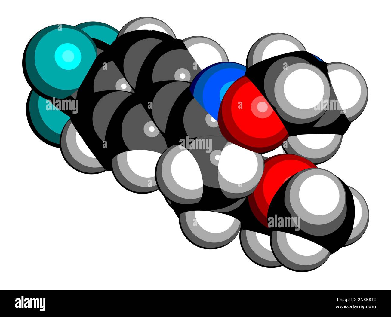 Fluvoxamine drug molecule (SSRI). 3D rendering. Atoms are represented ...