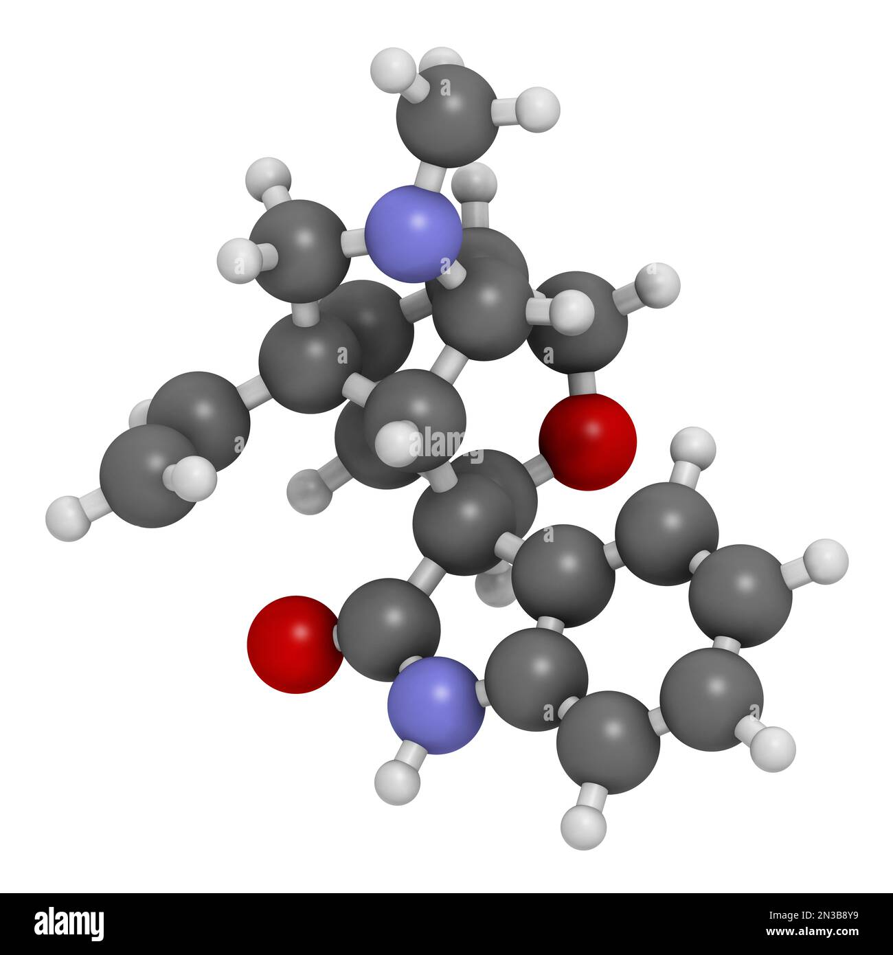 Gelsemine alkaloid molecule. 3D rendering. Atoms are represented as ...