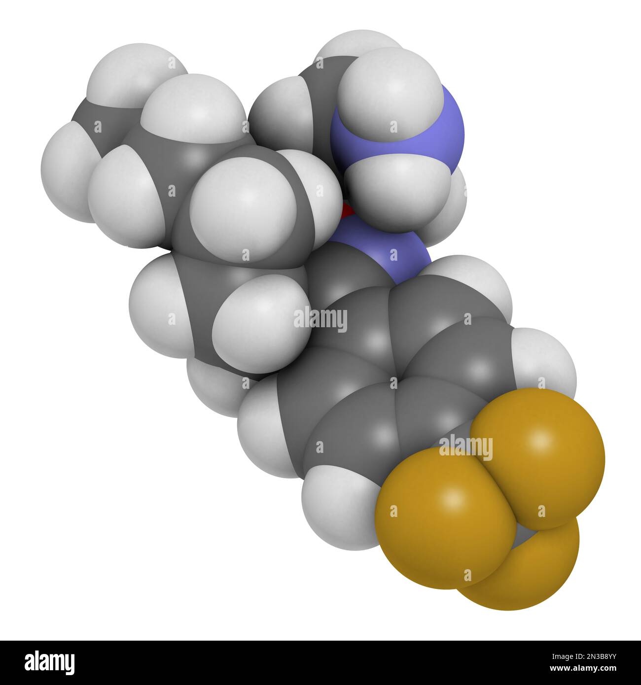 Fluvoxamine drug molecule (SSRI). 3D rendering. Atoms are represented ...