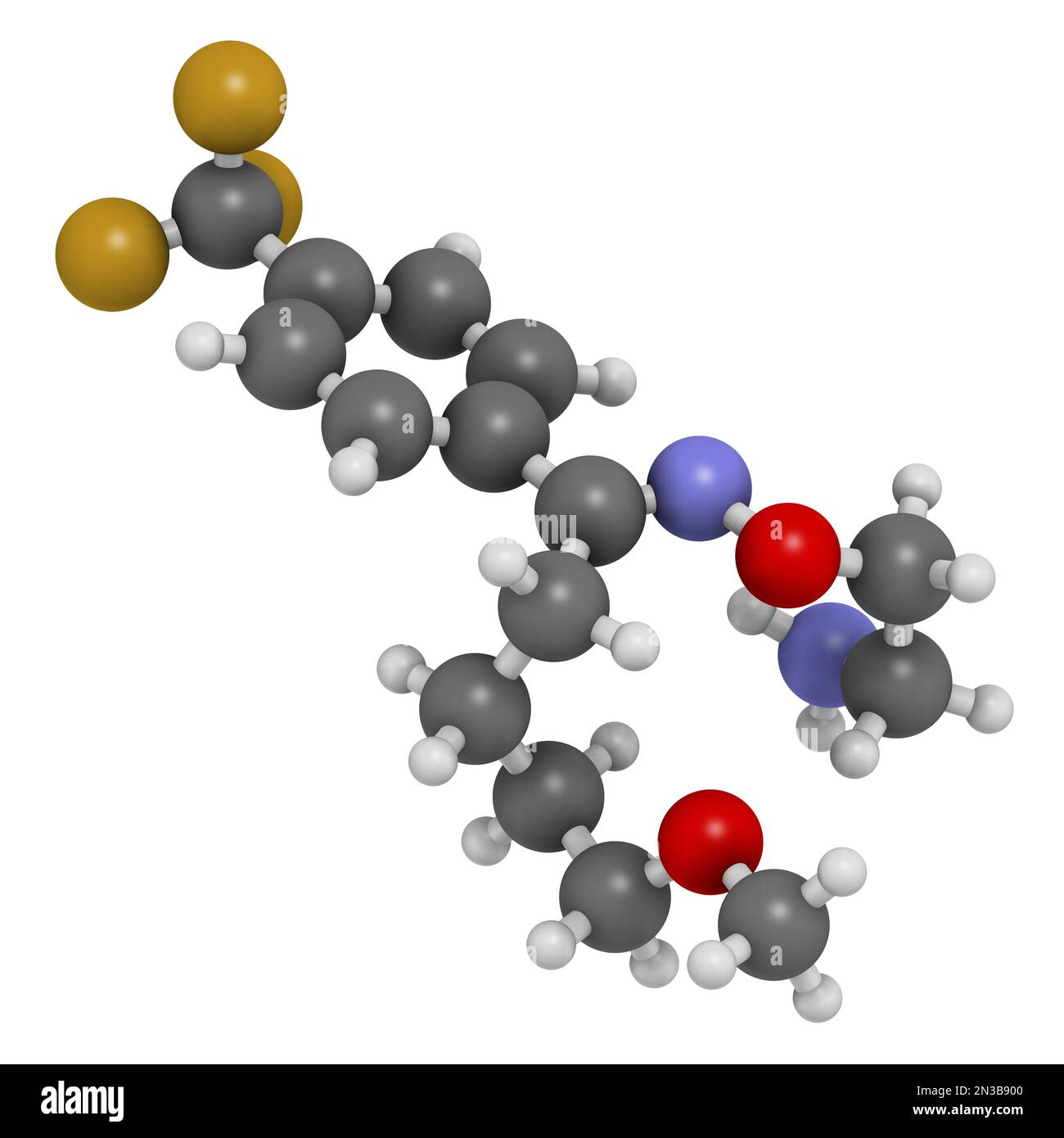 Fluvoxamine drug molecule (SSRI). 3D rendering. Atoms are represented ...