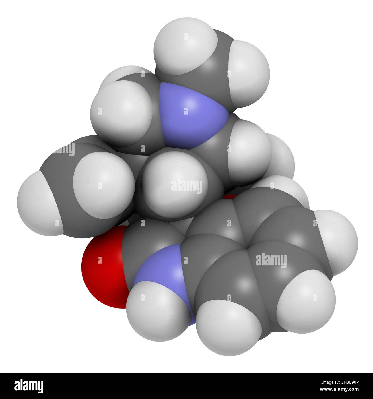 Gelsemine alkaloid molecule. 3D rendering. Atoms are represented as ...