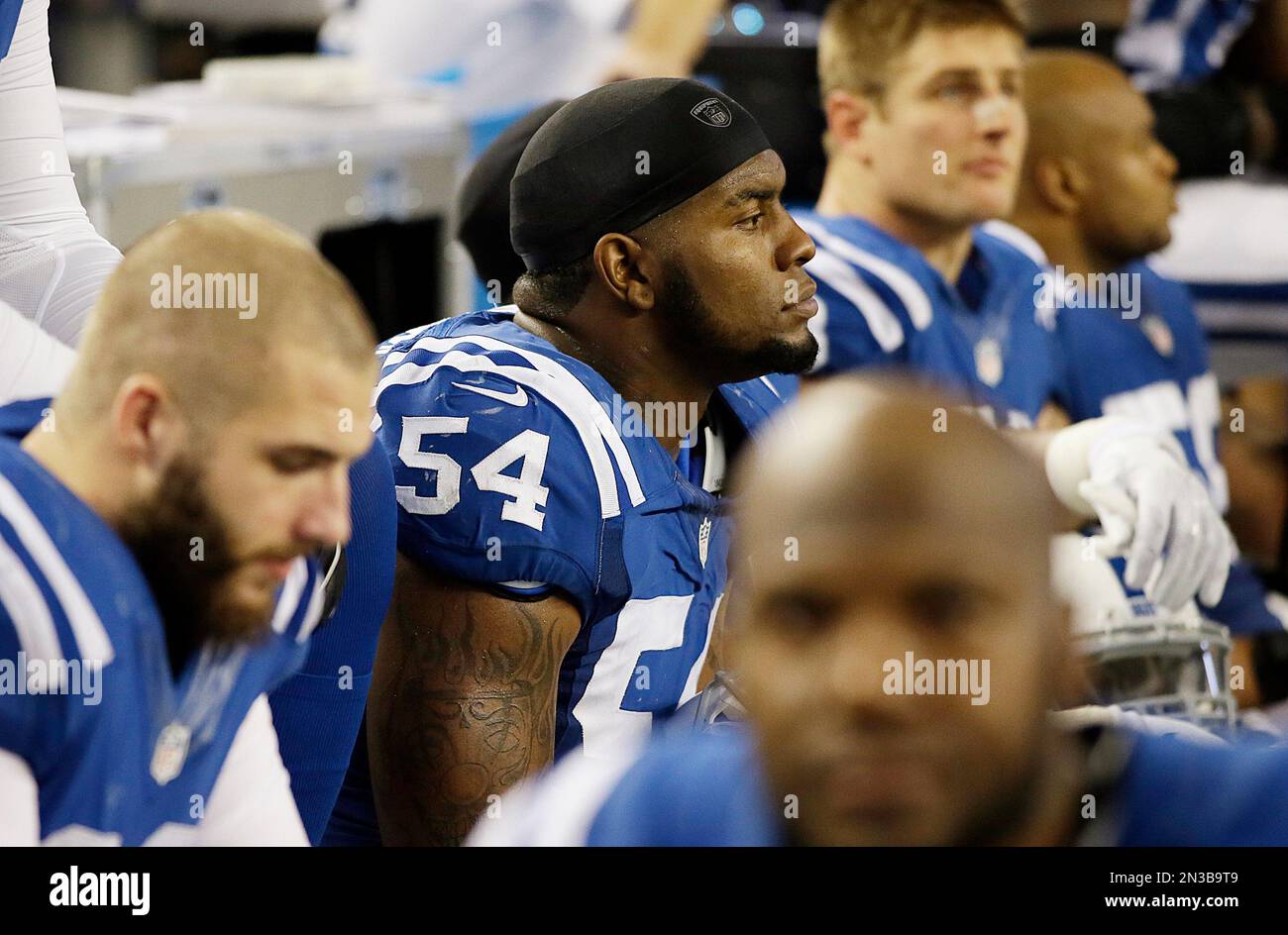Indianapolis Colts inside linebacker Andrew Jackson (54) looks on from ...